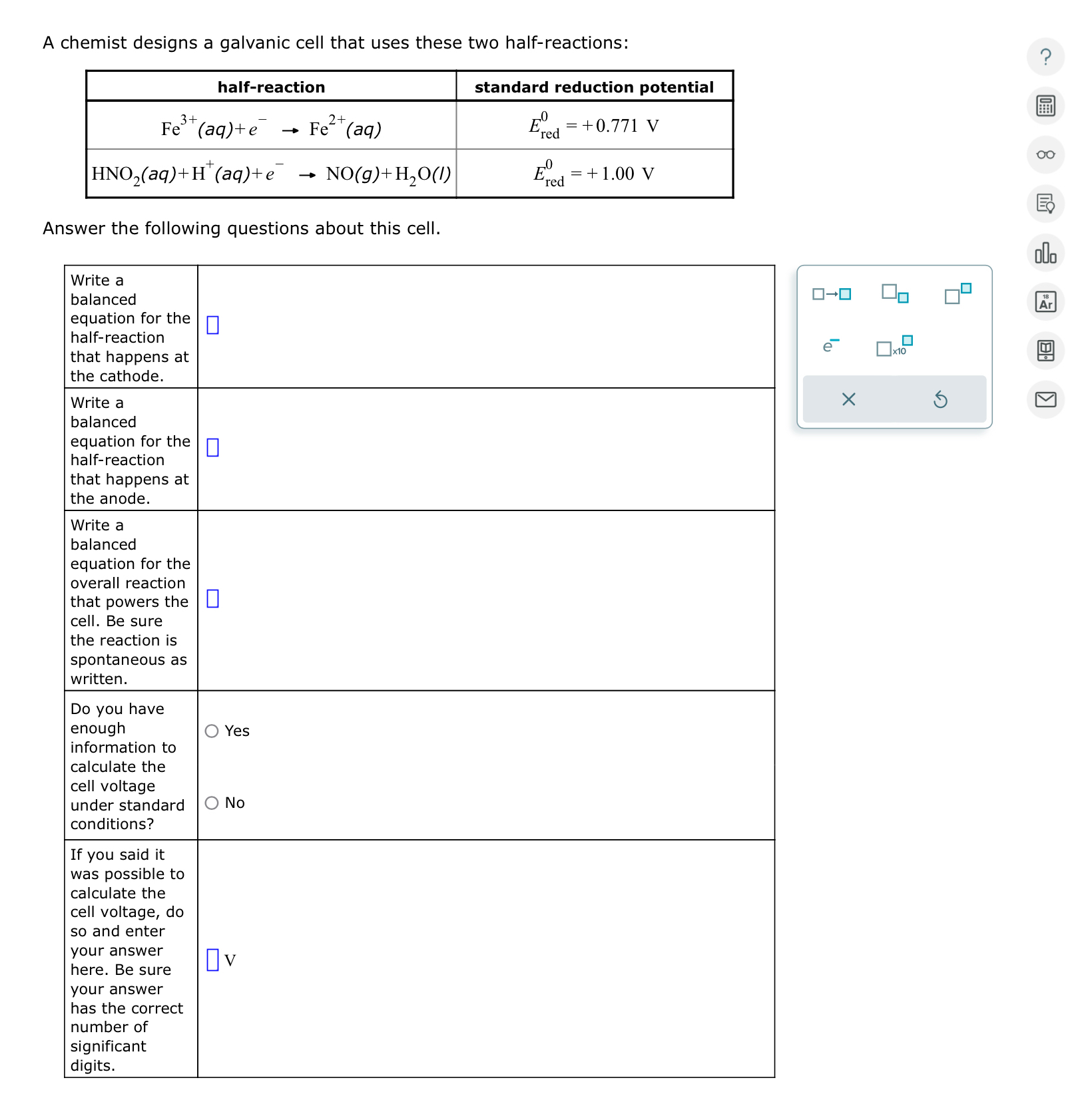 Solved A chemist designs a galvanic cell that uses these two | Chegg.com