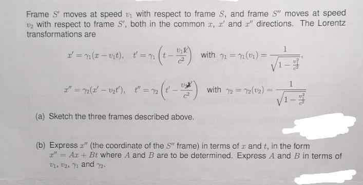 Solved Frame S′ moves at speed v1 with respect to frame S, | Chegg.com