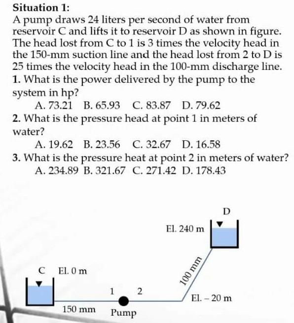Solved Situation 1: A pump draws 24 liters per second of | Chegg.com