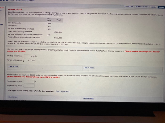 Solved Announcements CALCULATOR PRINTER VERSION RCES NEXT | Chegg.com