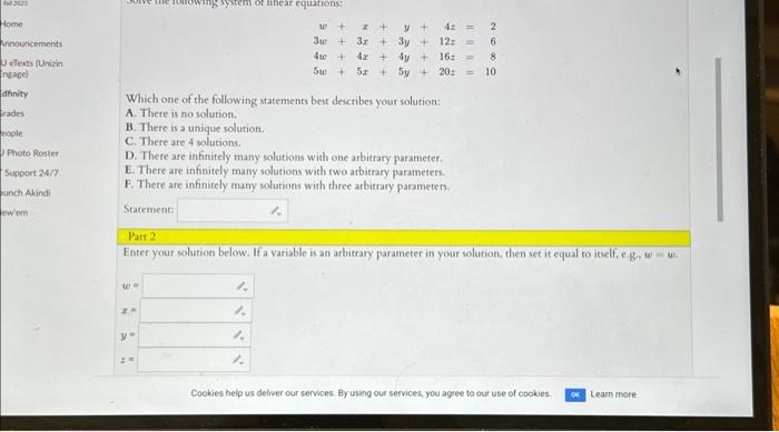 Solved w+x+y+4z=3w+3x+3y+12z=4w+4x+4y+16z=85w+5x+5y+20z=1026 | Chegg.com