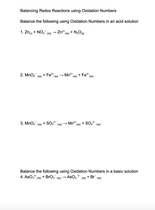 Solved Balancing Redox Reactions using Oxidation Numbers | Chegg.com