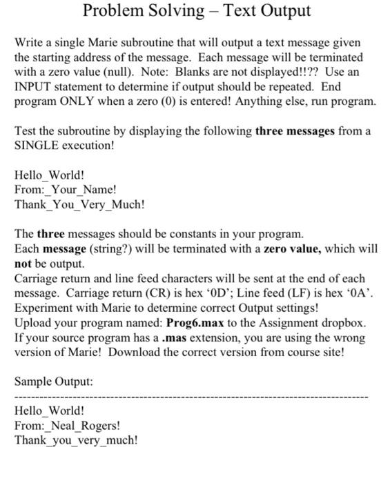 Problem Solving - Text Output Write a single Marie | Chegg.com