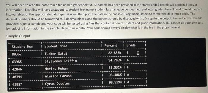Solved You will need to read the data from a file named | Chegg.com