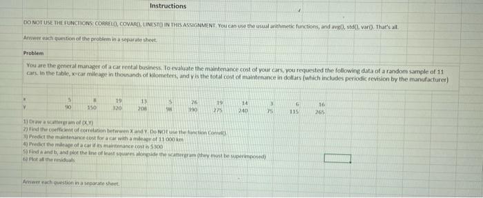 Solved DO NOT USE THE FUNCTIONS: CORREL(), COVAR(), LINEST() | Chegg.com