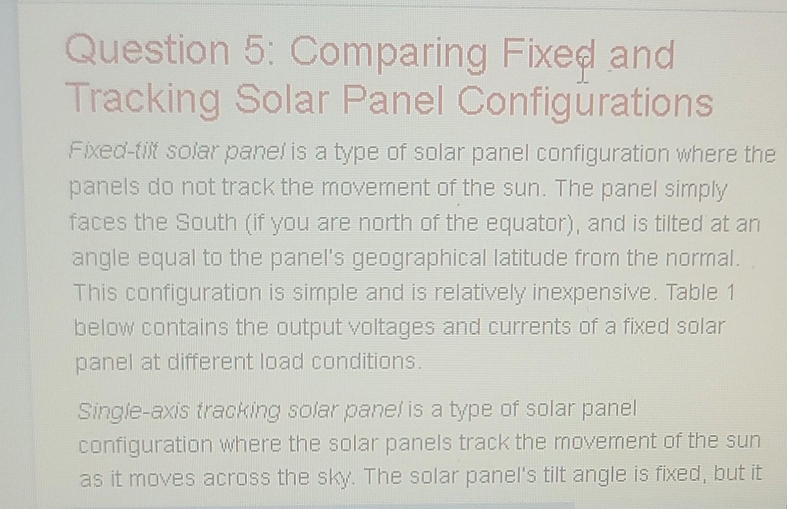 Solved Question 5: Comparing Fixed and Tracking Solar Panel | Chegg.com