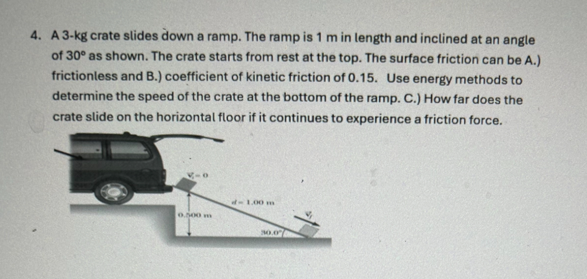 Solved A 3-kg ﻿crate slides down a ramp. The ramp is 1m ﻿in | Chegg.com