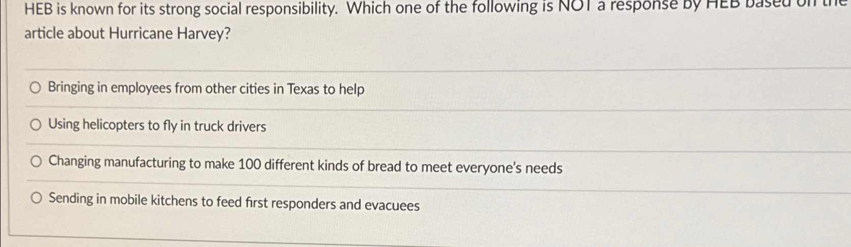 Solved HEB is known for its strong social responsibility. | Chegg.com