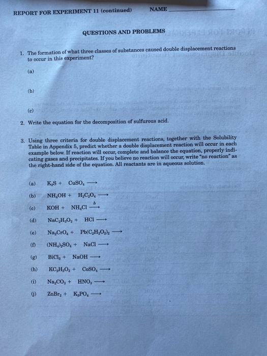 Solved NAME DATE SECTION INSTRUCTOR REPORT FOR EXPERIMENT 11 | Chegg.com
