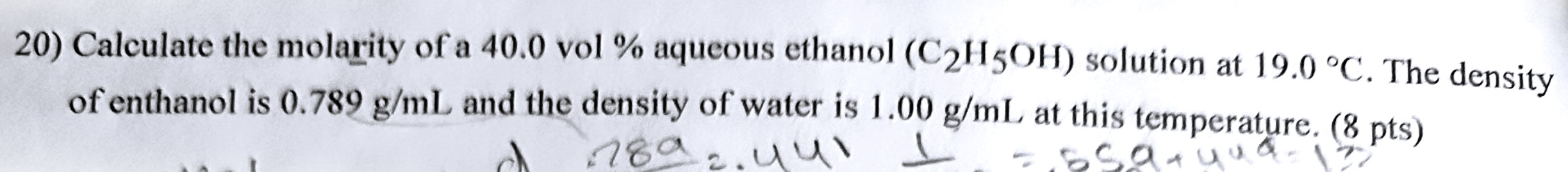 Solved Calculate the molarity of a 40.0vol% ﻿aqueous ethanol | Chegg.com