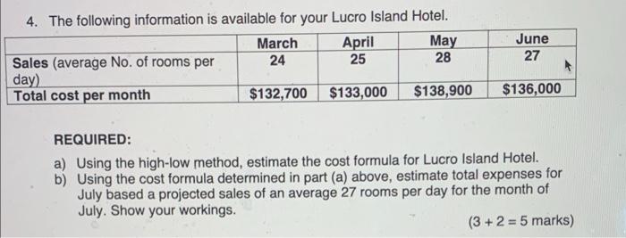 Solved 4. The following information is available for your | Chegg.com