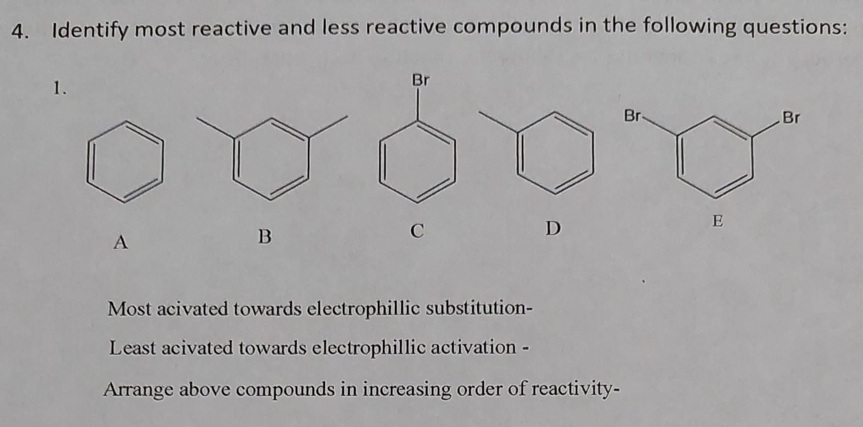 Solved 4. Identify most reactive and less reactive compounds | Chegg.com