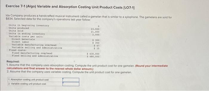 Solved Exercise 7-1 (Algo) Variable and Absorption Costing | Chegg.com