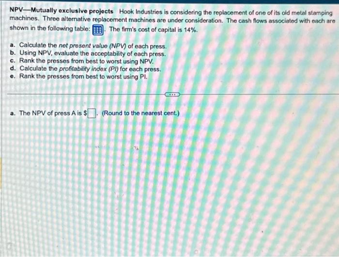 Solved NPV-Mutually exclusive projects Hook Industries is | Chegg.com