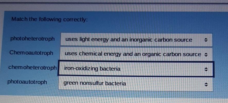 Solved Match the following correctly: photoheterotroph uses | Chegg.com