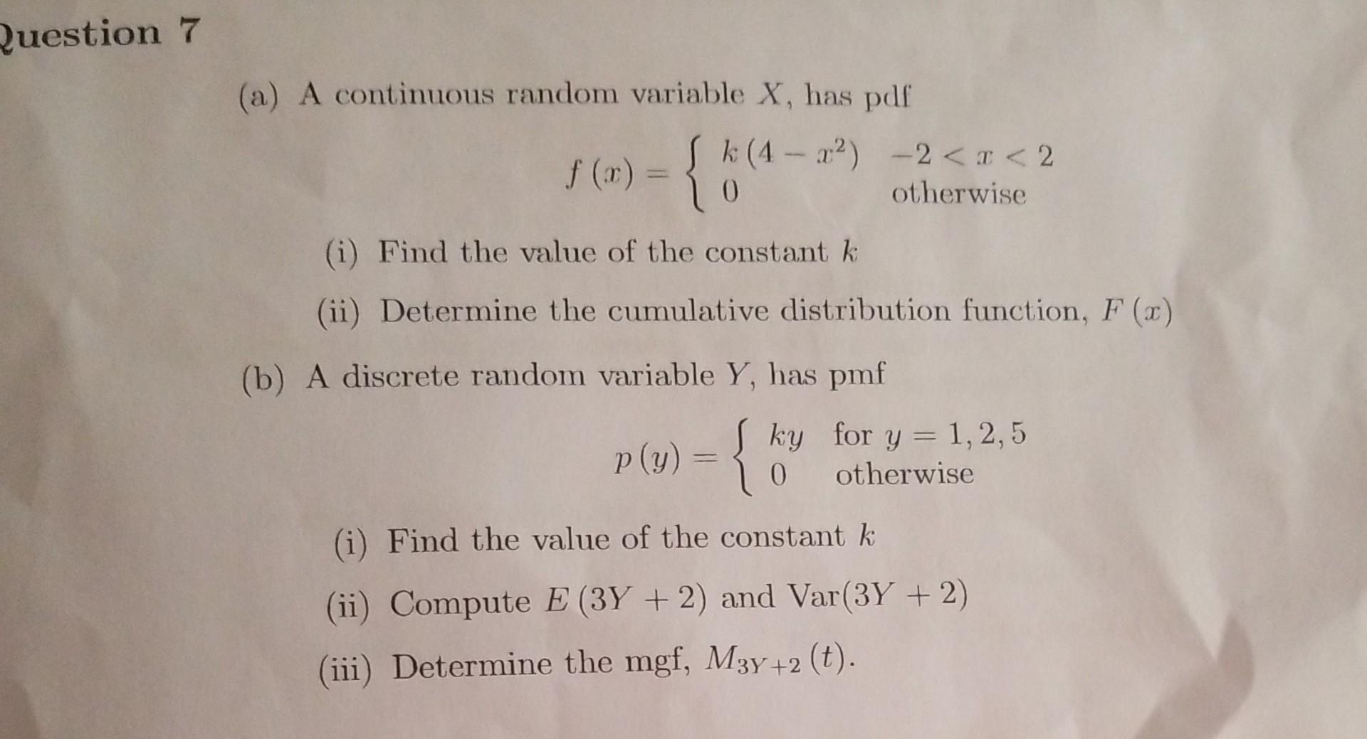 Solved (a) A continuous random variable X, has pdf | Chegg.com