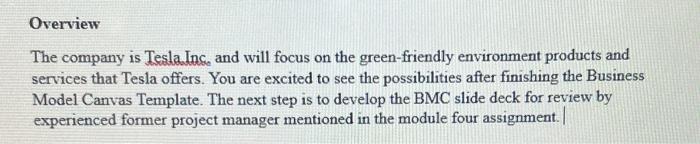 Solved Overview The company is Teslatus, and will focus on | Chegg.com