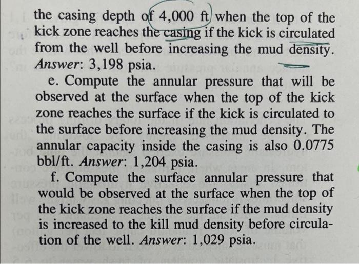 the casing depth of 4,000 ft when the top of the kick | Chegg.com