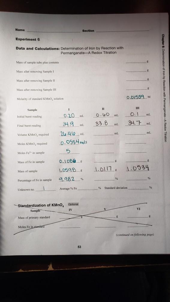 Solved Name Section Experiment 6 Data and Calculations: | Chegg.com