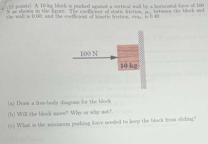 Solved 4. (15 points) A 10-kg block is pushed against a | Chegg.com