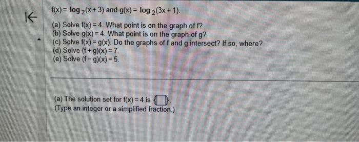 Solved f(x)=log2(x+3) and g(x)=log2(3x+1). (a) Solve f(x)=4. | Chegg.com