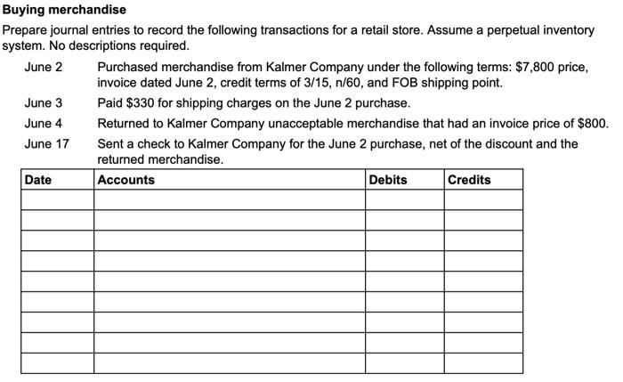 Solved Buying merchandise Prepare journal entries to record | Chegg.com