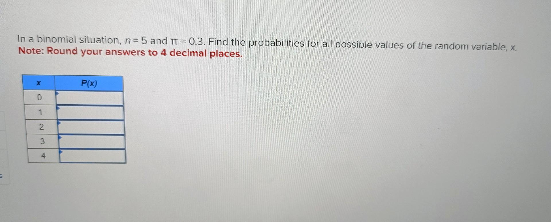 Solved In a binomial situation, n=5 and π=0.3. Find the | Chegg.com