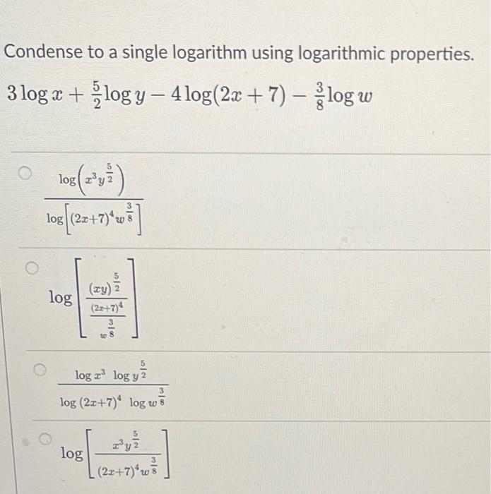 Solved Condense to a single logarithm using logarithmic | Chegg.com