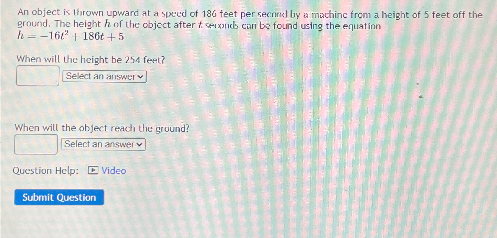 Solved An object is thrown upward at a speed of 186 ﻿feet | Chegg.com