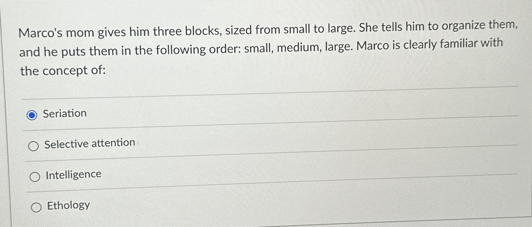 Solved Marco's mom gives him three blocks, sized from small | Chegg.com