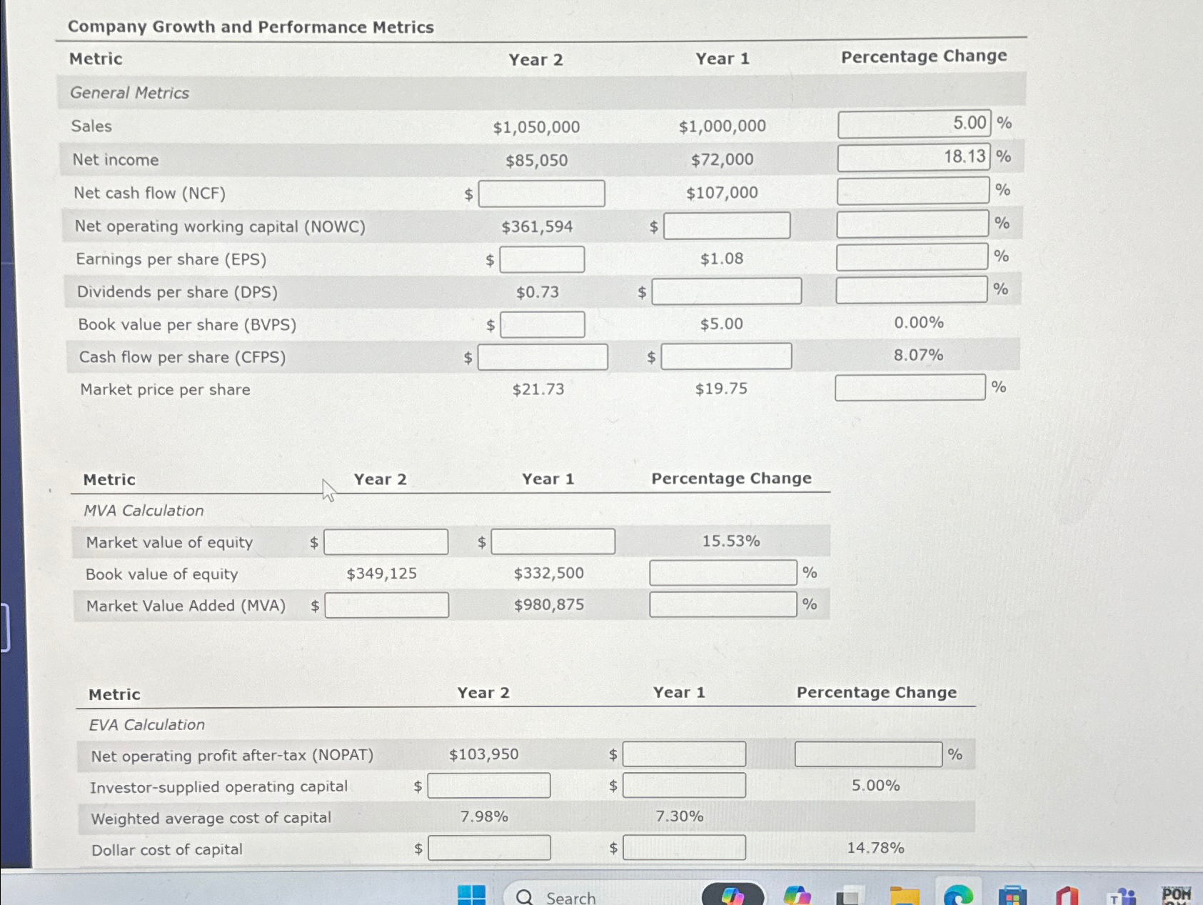 Solved Company Growth and Performance Metrics | Chegg.com