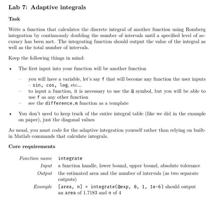 Solved Lab 7: Adaptive integrals Task Write a function that | Chegg.com