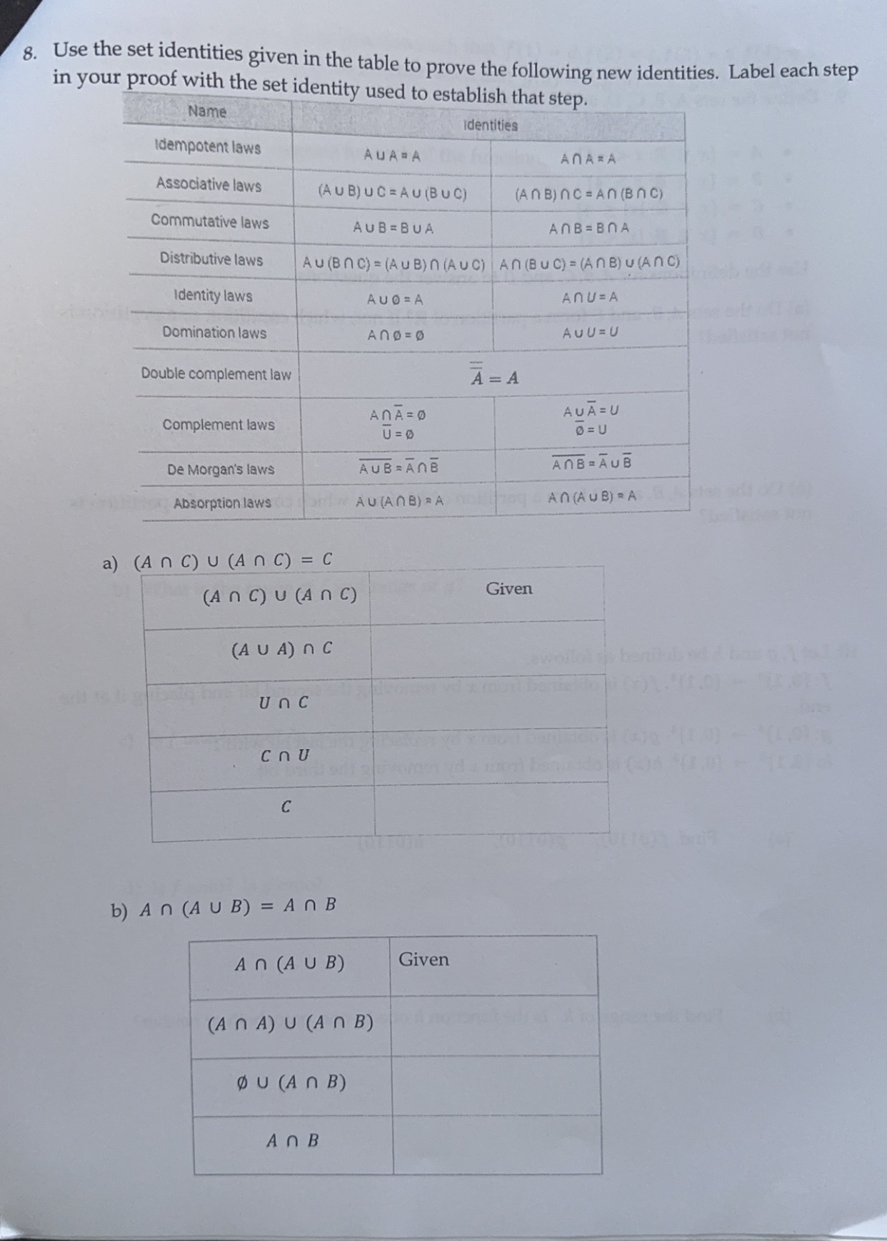 Solved Use the set identities given in the table to prove | Chegg.com
