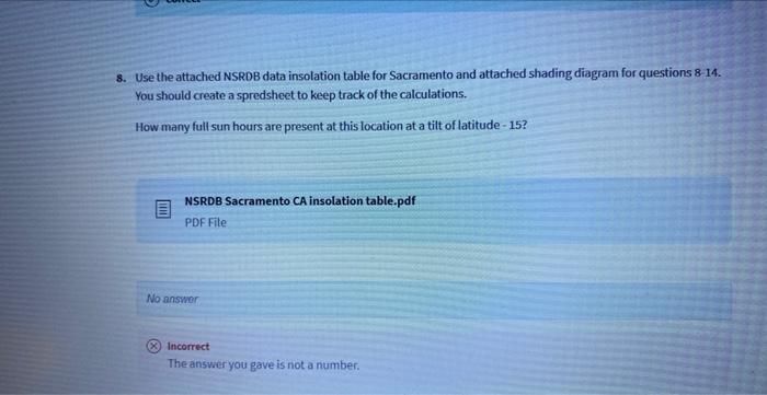 Solved 8. Use the attached NSRDB data insolation table for | Chegg.com