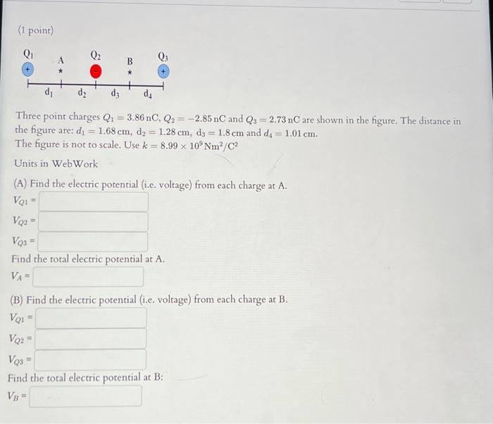 Solved Three point charges Q1=3.86nC,Q2=−2.85nC and | Chegg.com
