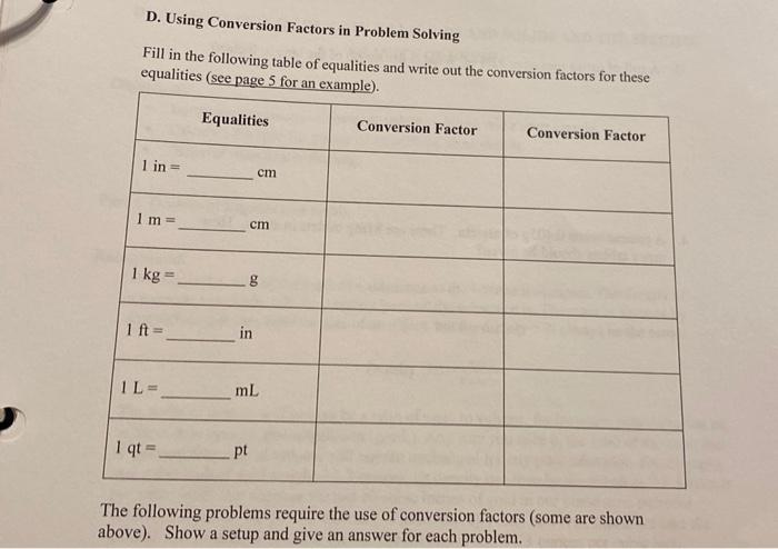 Solved D. Using Conversion Factors in Problem Solving Fill | Chegg.com