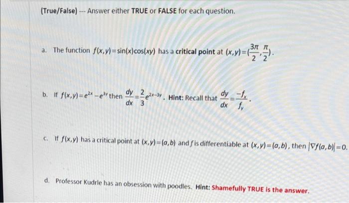 Solved (True/False) - Answer either TRUE or FALSE for each | Chegg.com