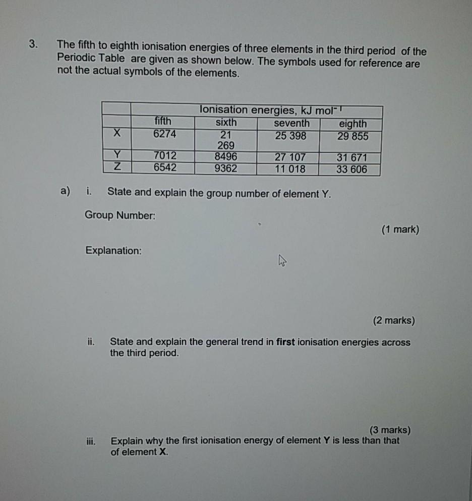 Solved 3. The fifth to eighth ionisation energies of three | Chegg.com