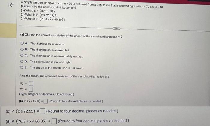 Solved A simple random sample of size n=36 is obtained from | Chegg.com