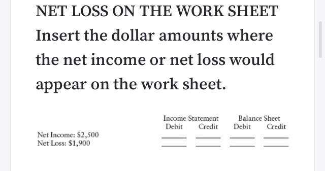 Solved NET LOSS ON THE WORK SHEET Insert the dollar amounts | Chegg.com