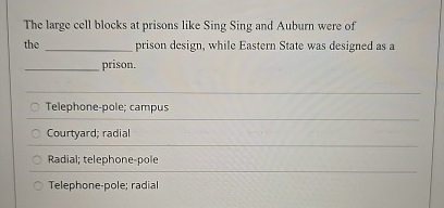 Solved The large cell blocks at prisons like Sing Sing and | Chegg.com