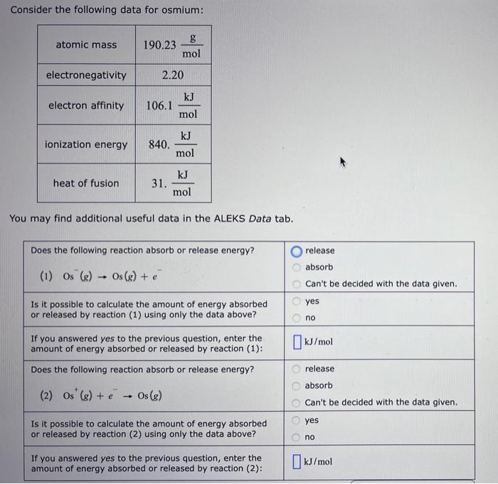 Solved Consider the following data for osmium: You may find | Chegg.com