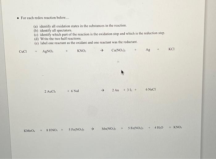Solved - For each redox reaction below (a) identify all | Chegg.com