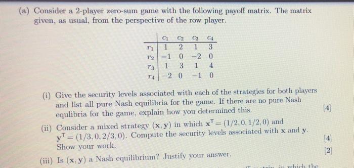 Solved (a) Consider a 2-player zero-sum game with the | Chegg.com