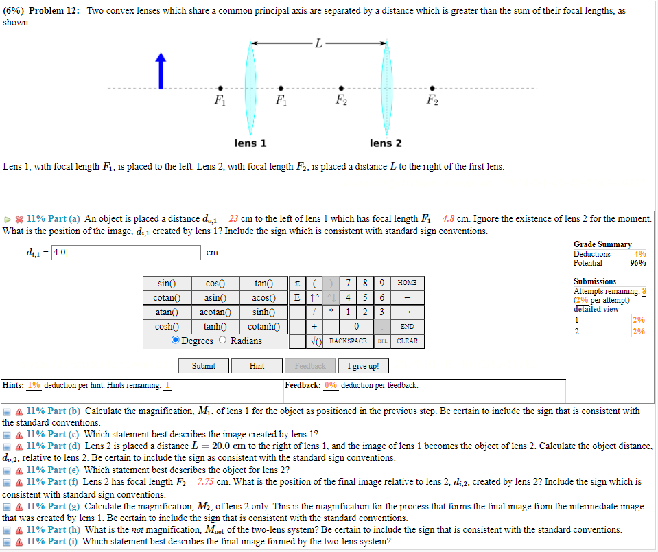 (6%) ﻿Problem 12: Two convex lenses which share a | Chegg.com
