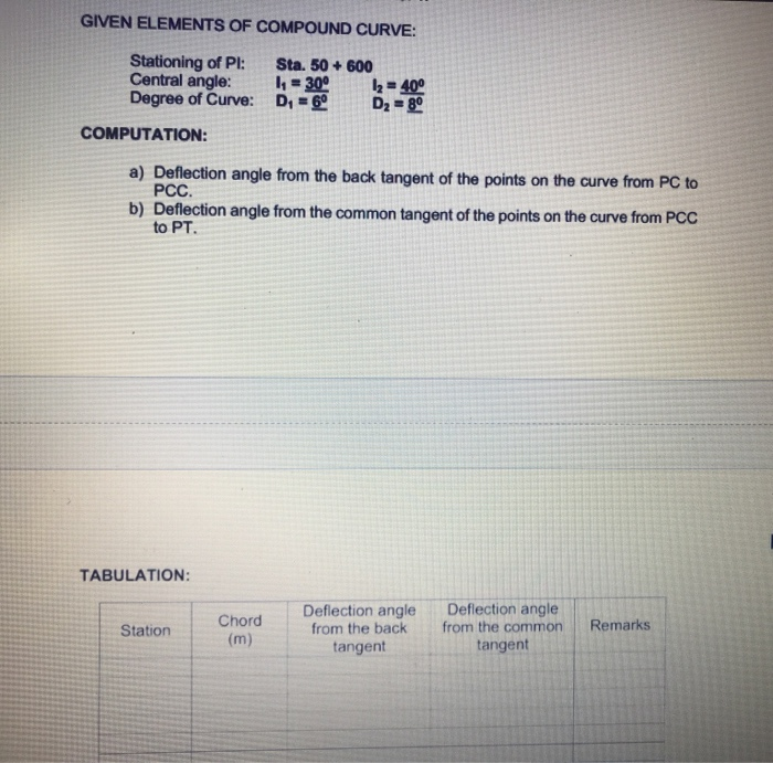 Solved GIVEN ELEMENTS OF COMPOUND CURVE: Stationing of PI: | Chegg.com