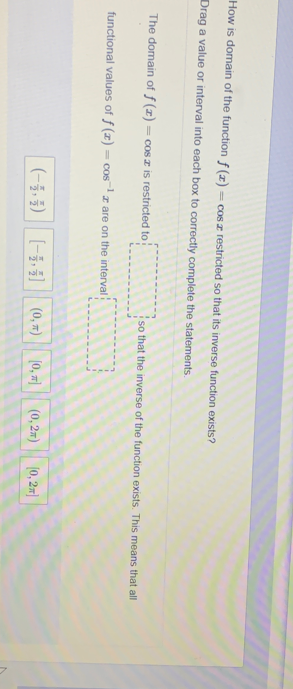 Solved How is domain of the function f(x)=cosx ﻿restricted | Chegg.com
