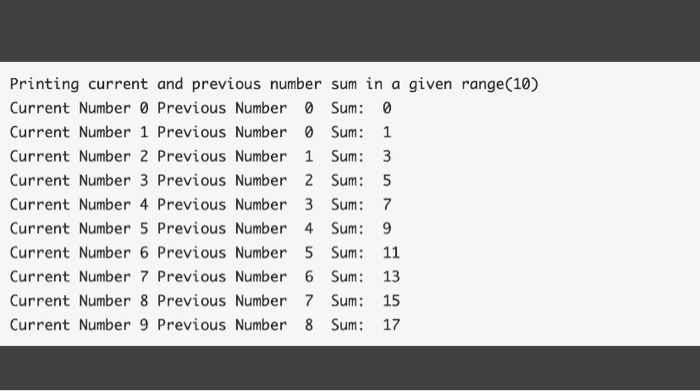 Solved Printing current and previous number sum in a given | Chegg.com