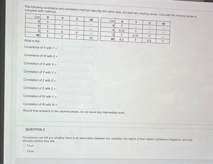 Solved The following covariance and correlation matrices | Chegg.com