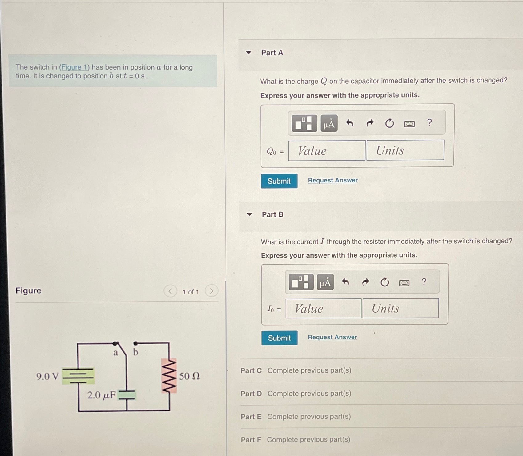 Solved The switch in (Figure 1) ﻿has been in position a for | Chegg.com